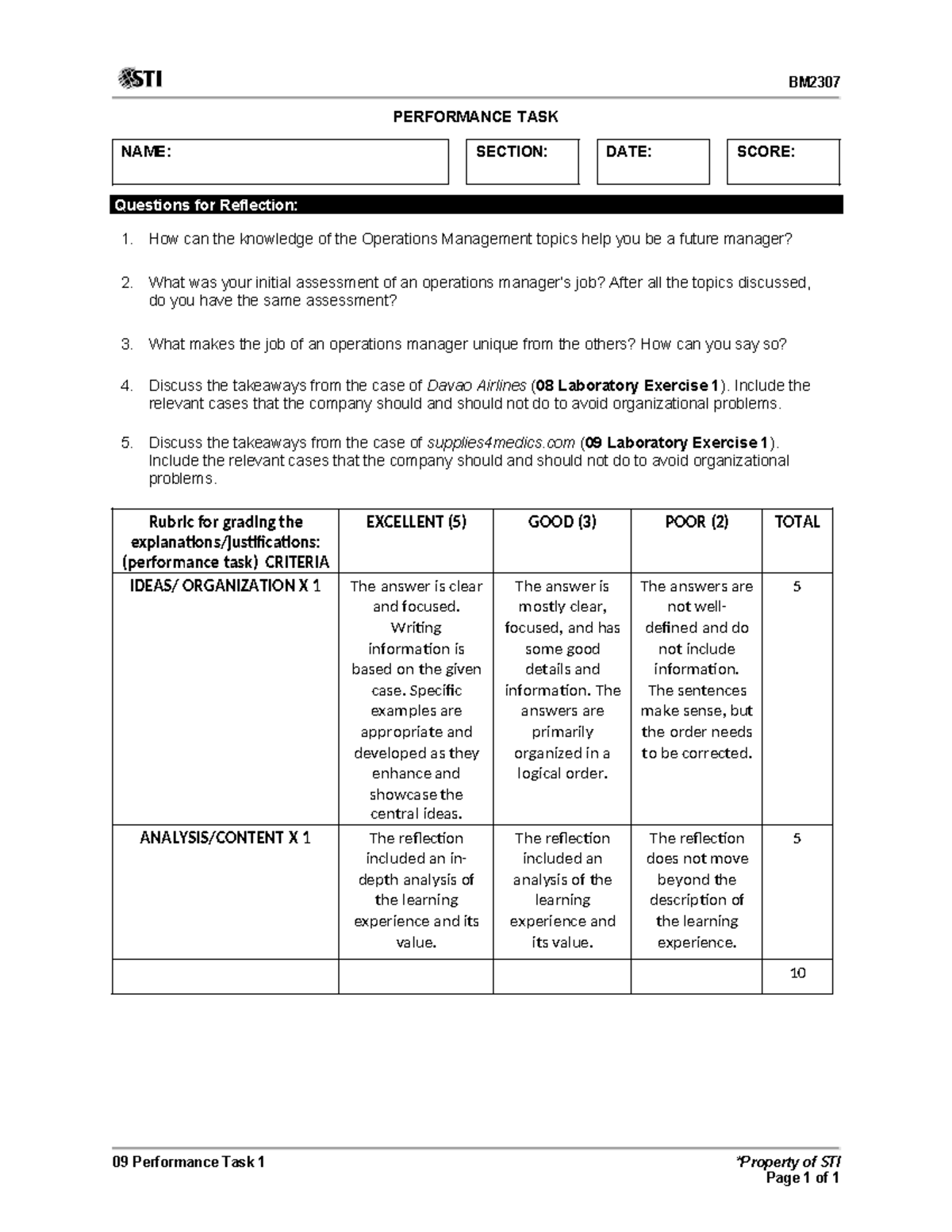 09 Performance Task 1: Operations Management Reflection and Analysis ...