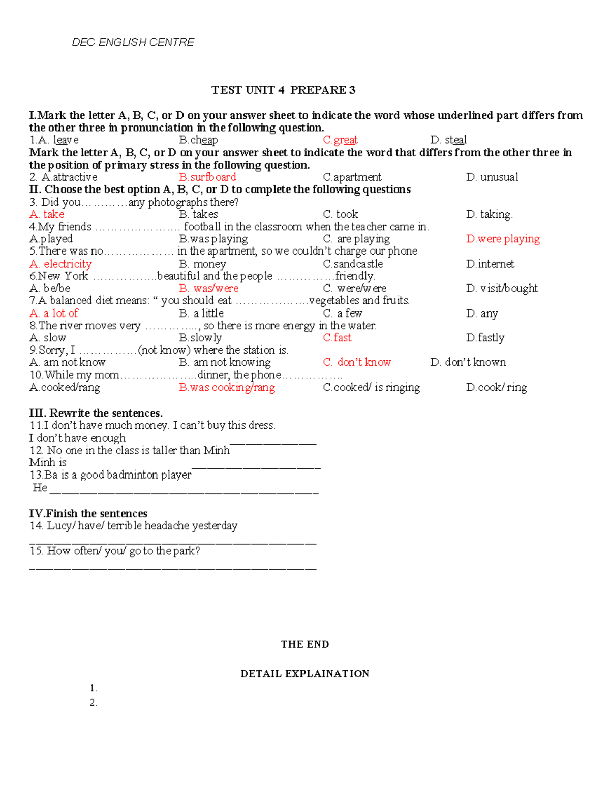 DEC ENGLISH CENTRE TEST UNIT 4 PREPARE 3 - PRACTICE QUESTIONS - Studocu