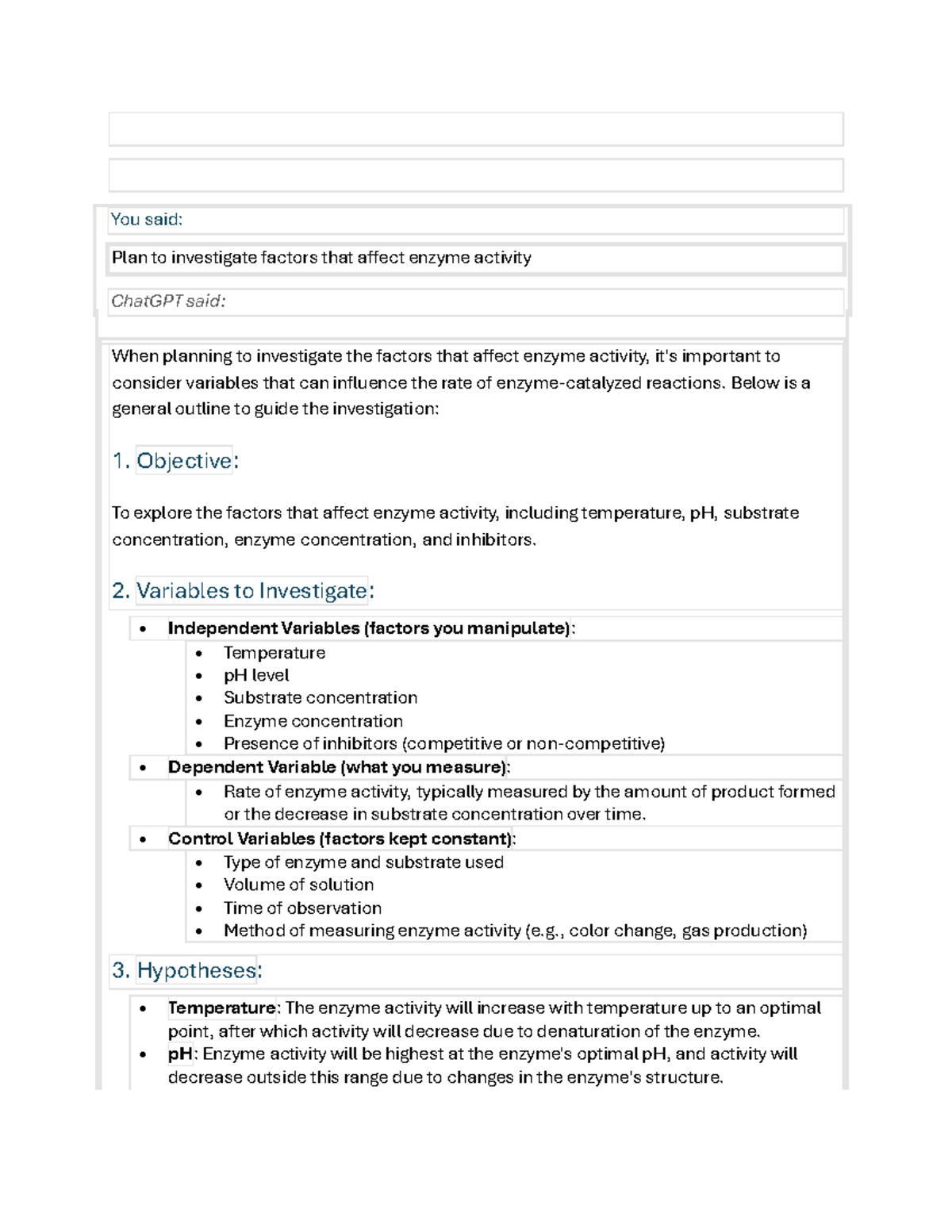Enzyme Activity Investigation Plan - BIO 101 - Studocu