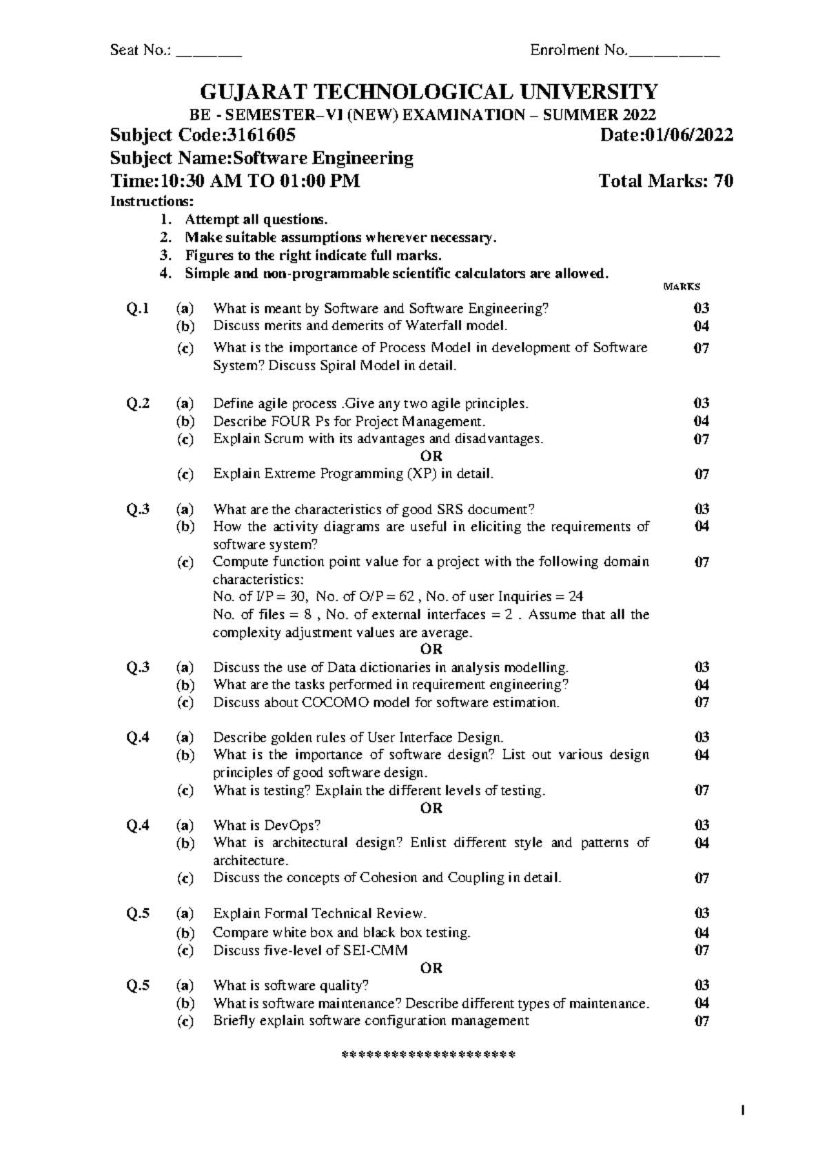 Software Engineering Exam Practice Questions - Code: 3161605 - Studocu