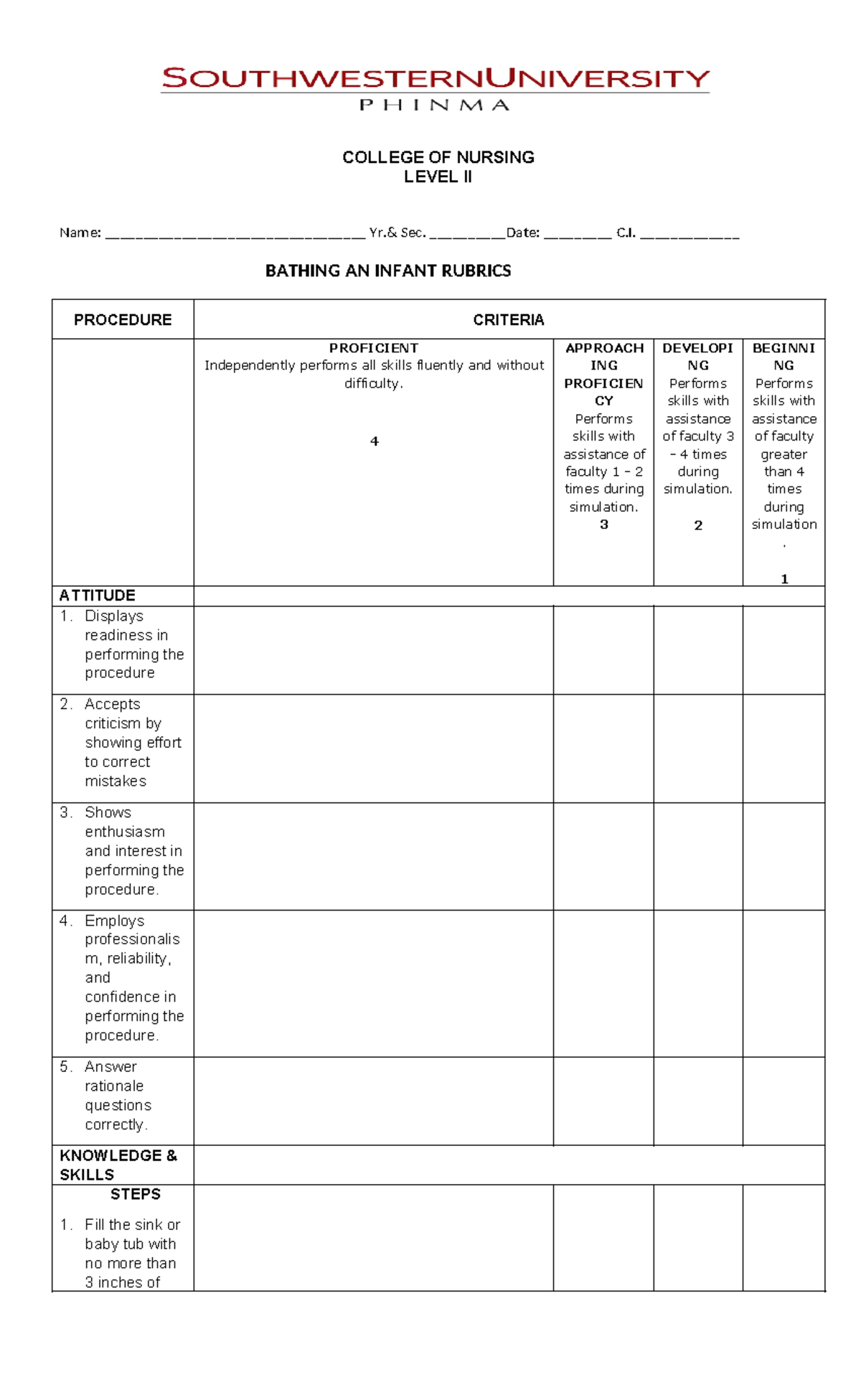 **Bathing an Infant: Nursing Guidelines & Rubrics (NUR 201)** - Studocu