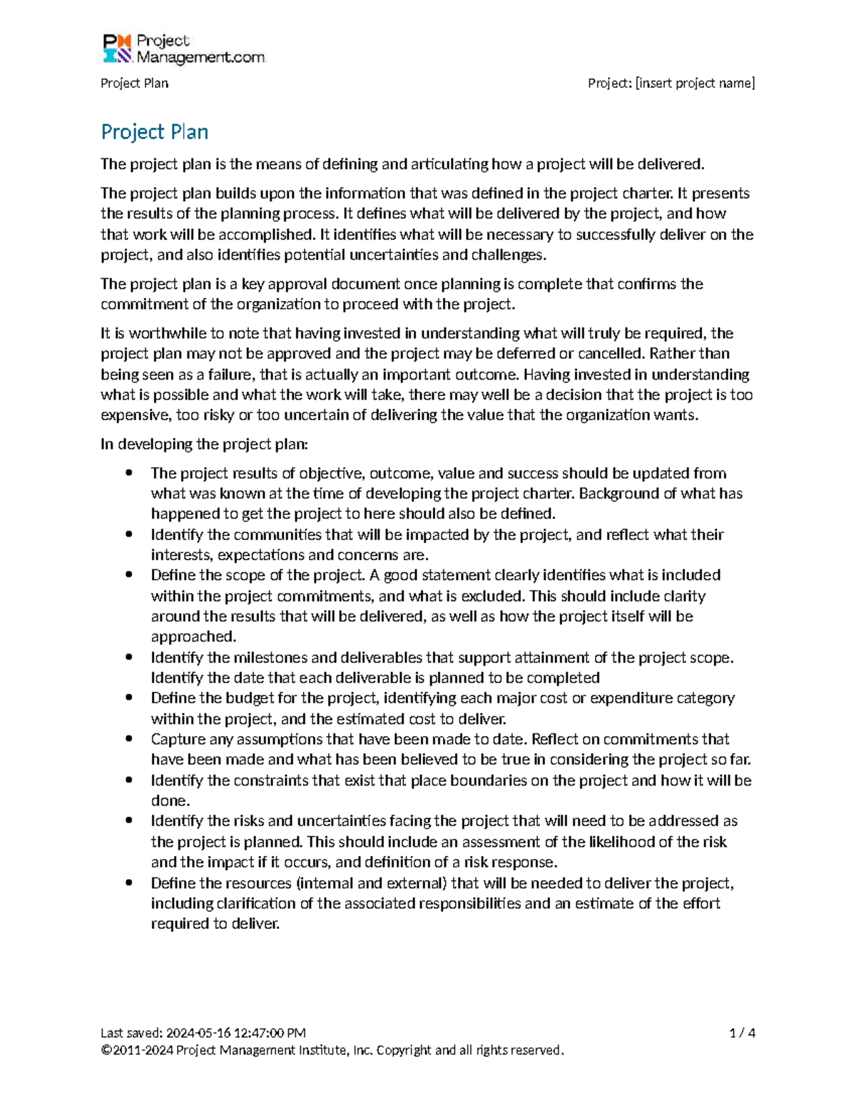 Project Plan Template for Project Management (PMT-101) - Studocu