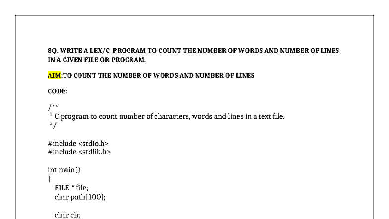 8Q. C Program to Count Words and Lines in a File - Studocu