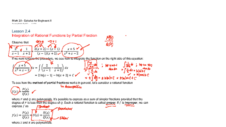 Math 18 Final Exam Lesson 2.4: Integration of Rational Functions - Studocu