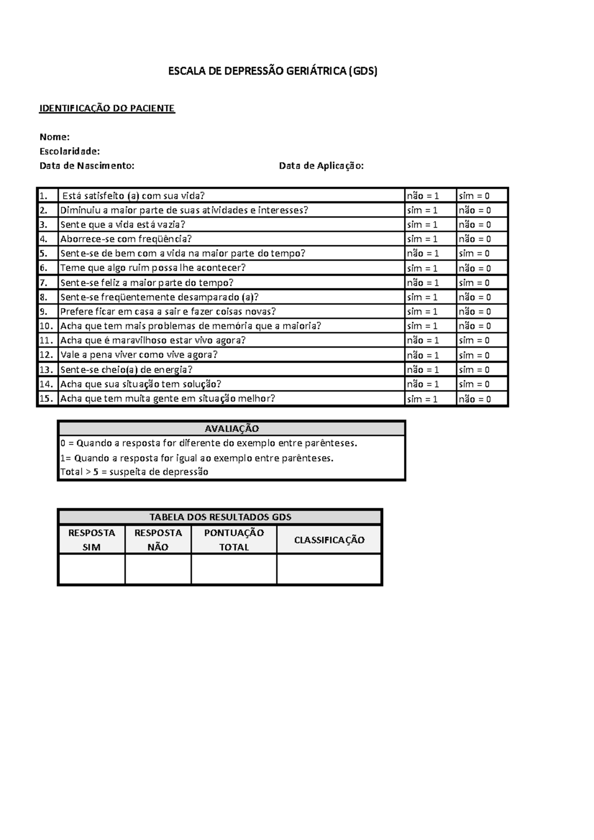 Escala de Depressão Geriátrica (GDS) - Aplicação e Resultados - Studocu