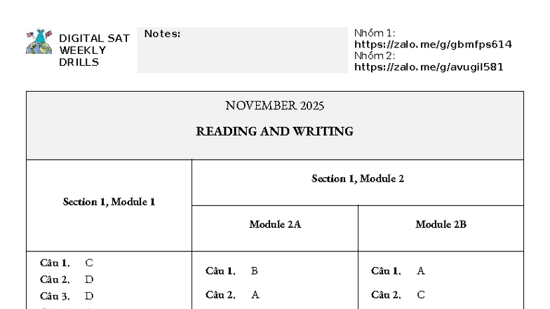 DIGITAL SAT WEEKLY DRILLS - READING & WRITING ANSWER KEY (T11) - Studocu
