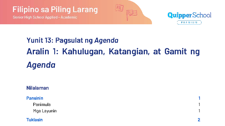 SG FPL-Q2-1301 Kahulugan-Katangian-at-Gamit-ng-Agenda - Yunit 13 ...