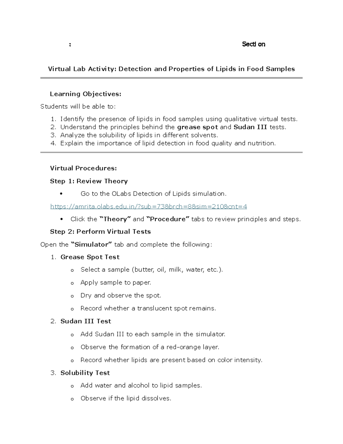 Virtual Lab Activity: Detection of Lipids in Food Samples - DDF - Studocu