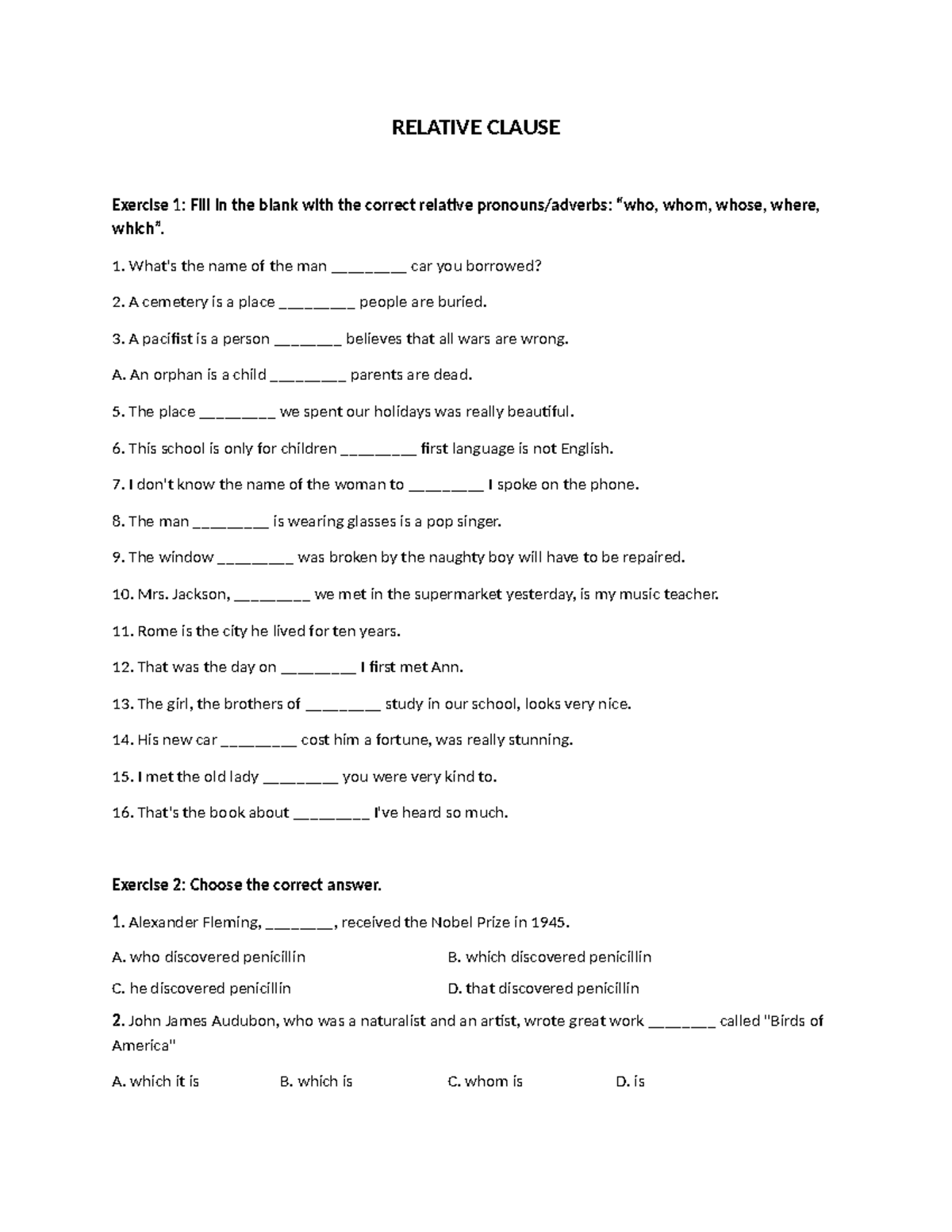 RELATIVE CLAUSE Exercises & Key: Fill in the Blanks & Rewrite - Studocu