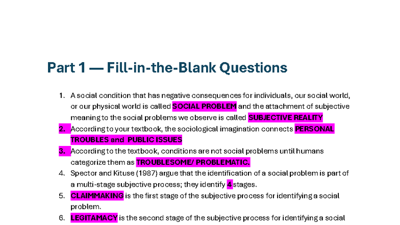 Sociology Exam Notes: Key Concepts & Fill-in-the-Blank Practice (SOC ...