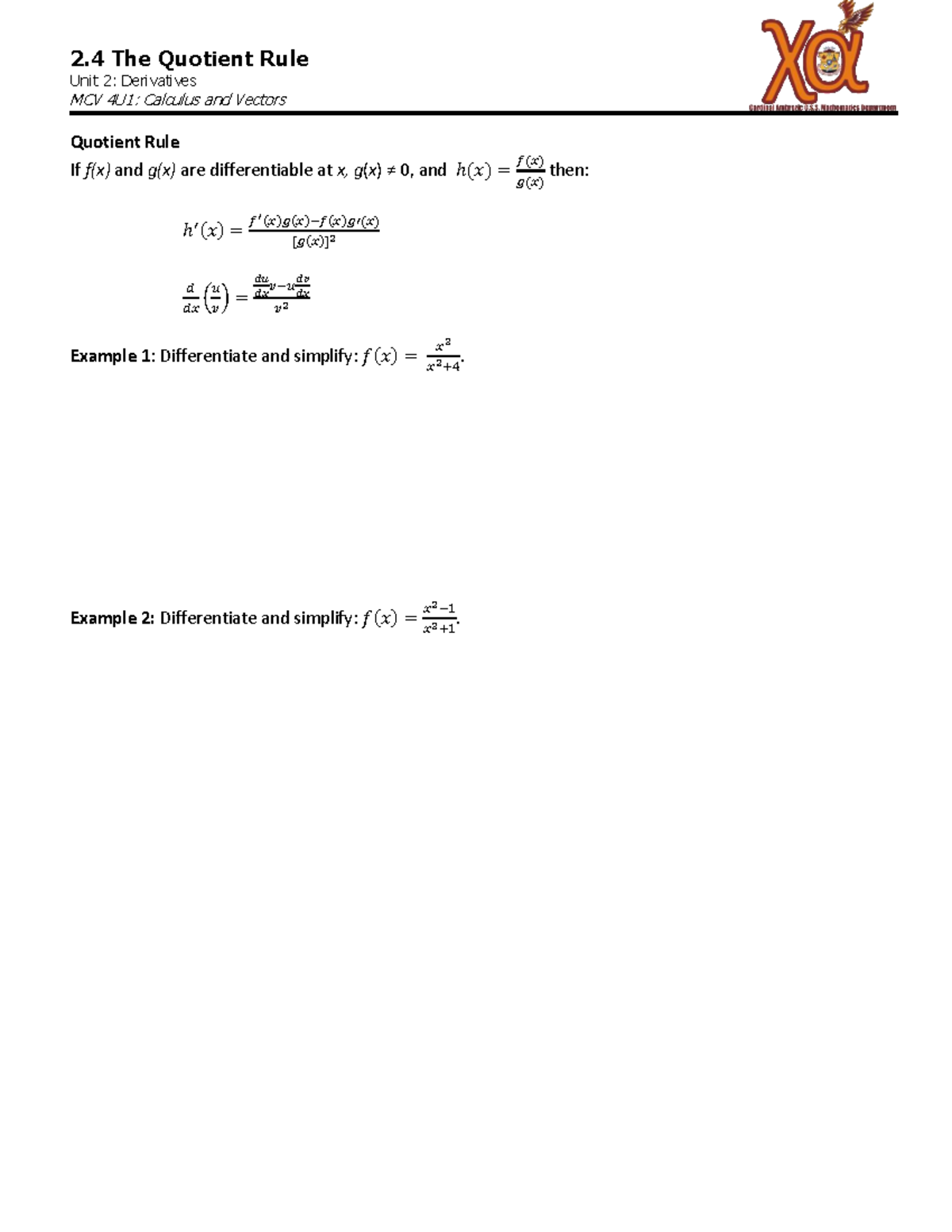 2.4 The Quotient Rule - Class Notes for MCV4U1 Calculus and Vectors ...