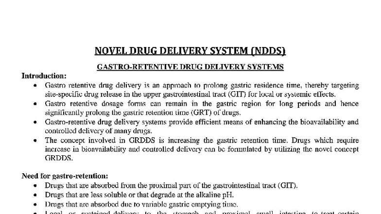 GRDDS: Novel Drug Delivery Systems Overview and Applications - Studocu
