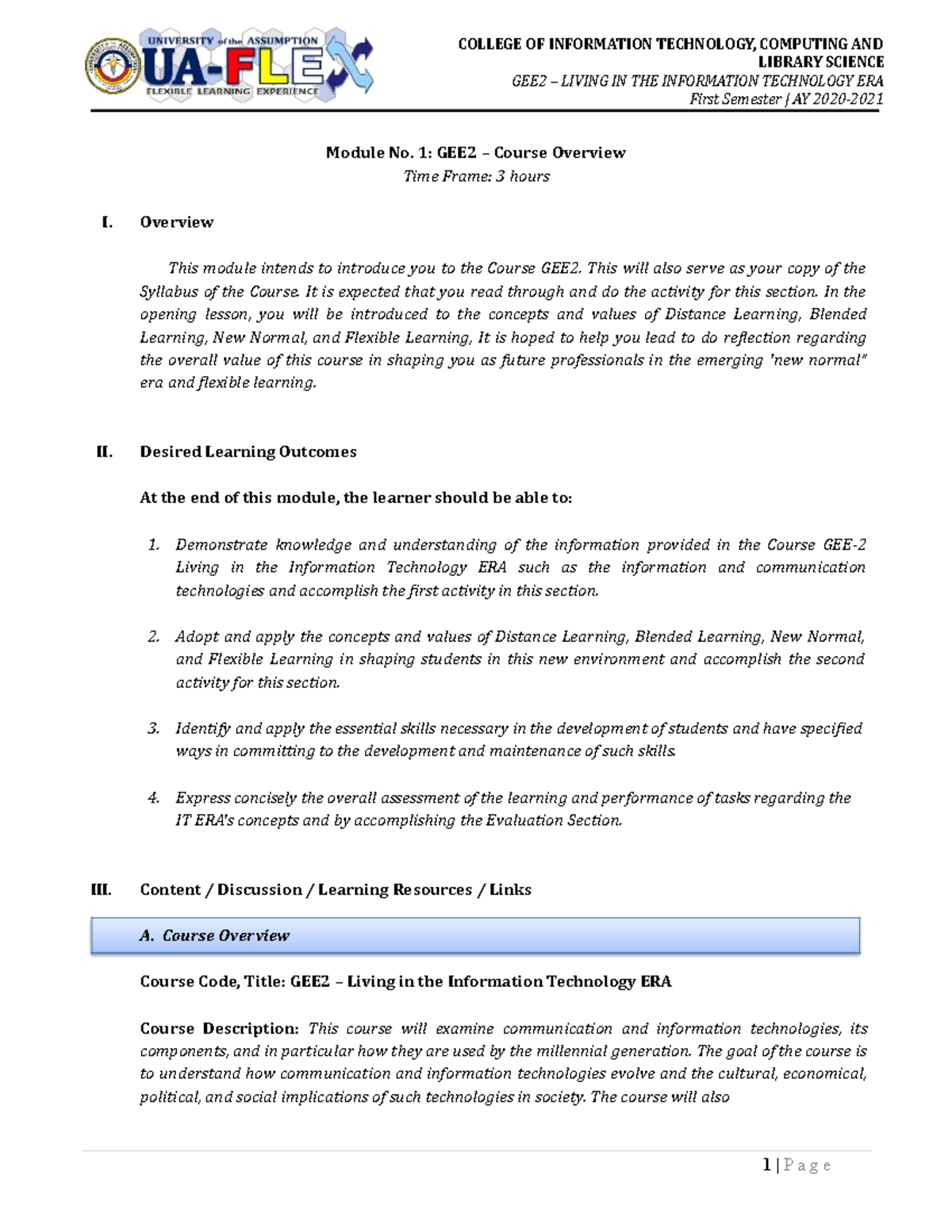 Living in the IT era (GEE2) - Module 1 Course Outline - LIBRARY SCIENCE GEE2 – LIVING IN THE ...