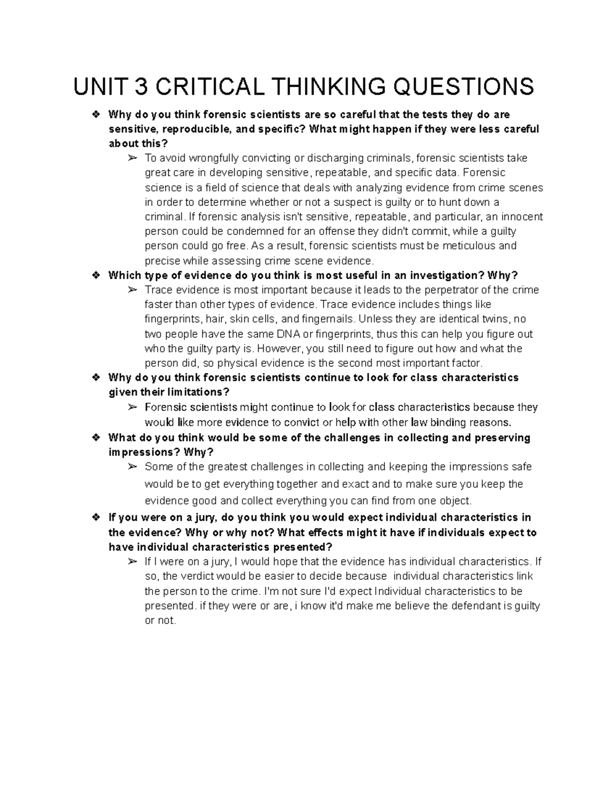 UNIT 3 Forensic Science Critical Thinking Questions and Insights - Studocu