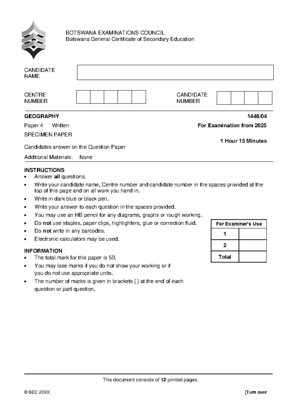 Geography Paper 4 Specimen Exam BEC 2025 - Studocu