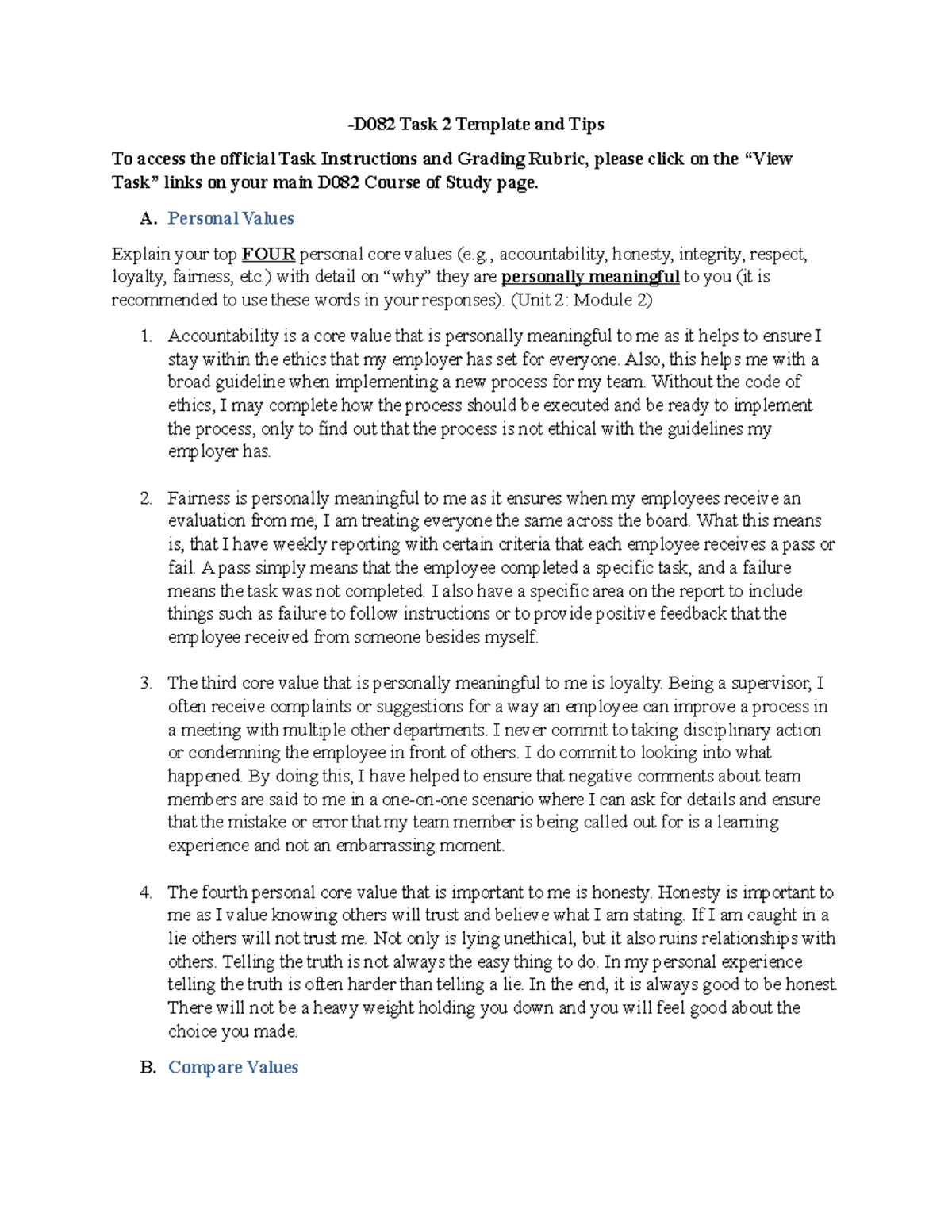 D082 Task 2: Personal Core Values and Cultural Intelligence Insights ...