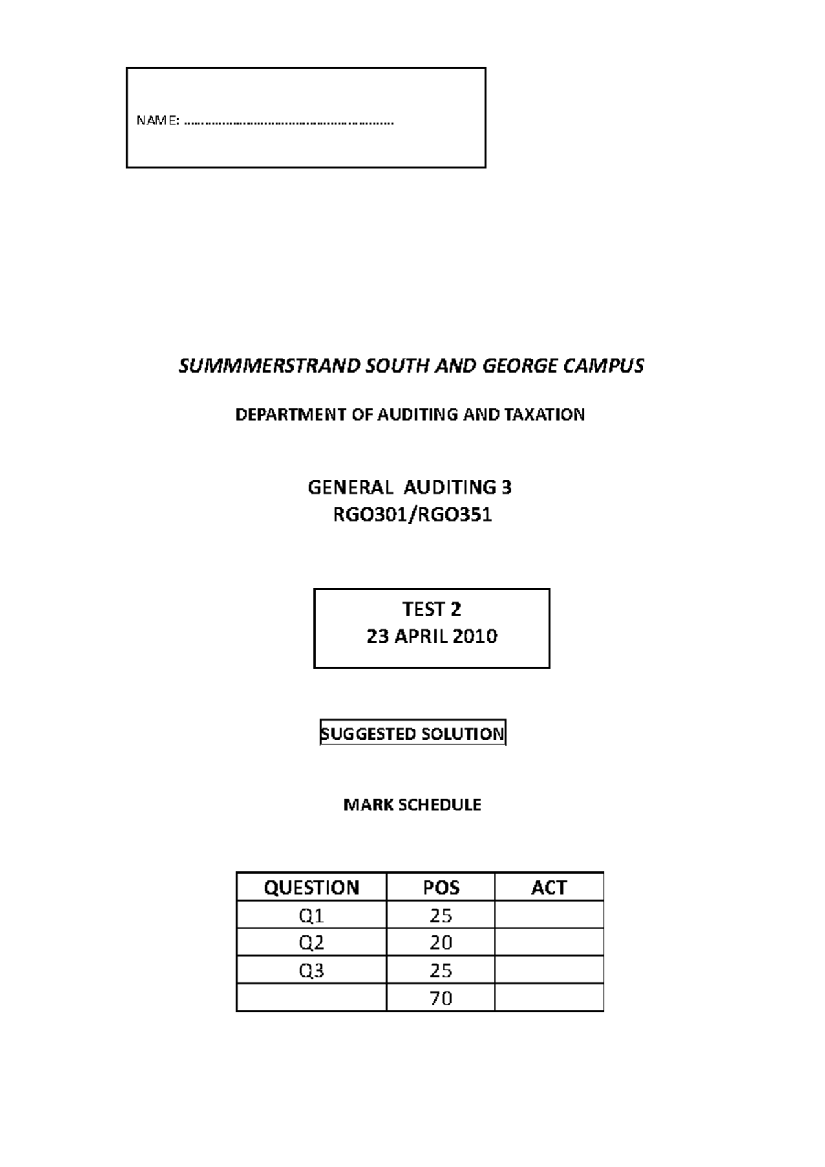 RGO301 Test 2 Solutions - SUMMMERSTRAND SOUTH AND GEORGE CAMPUS ...