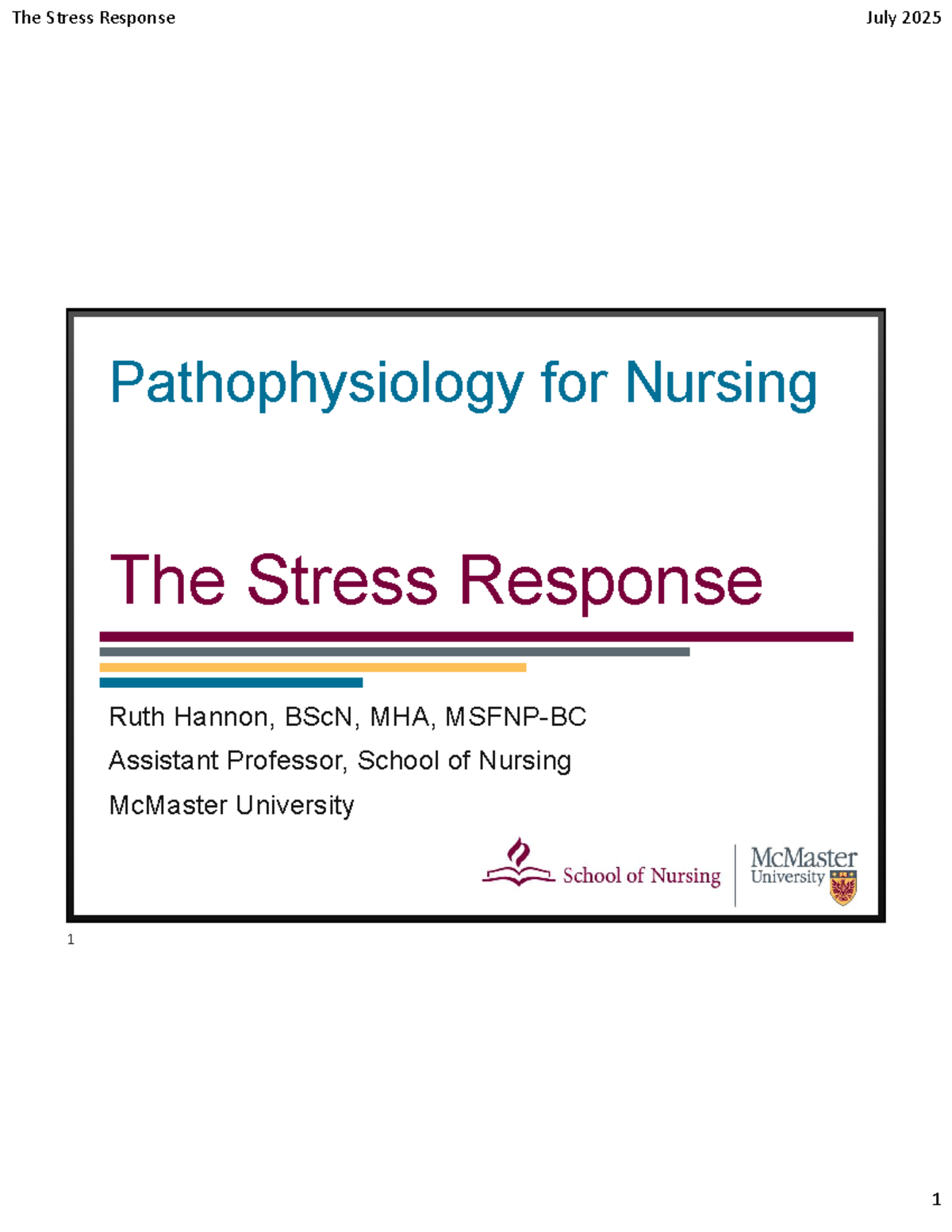 NURS 2025 Lecture Notes: The Stress Response Overview - Studocu