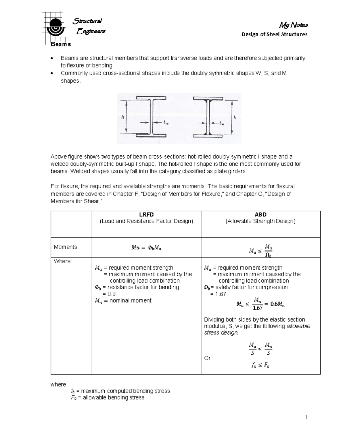STD-My Notes-SD-Beams-R3: Key Concepts in Steel Beam Design - Studocu