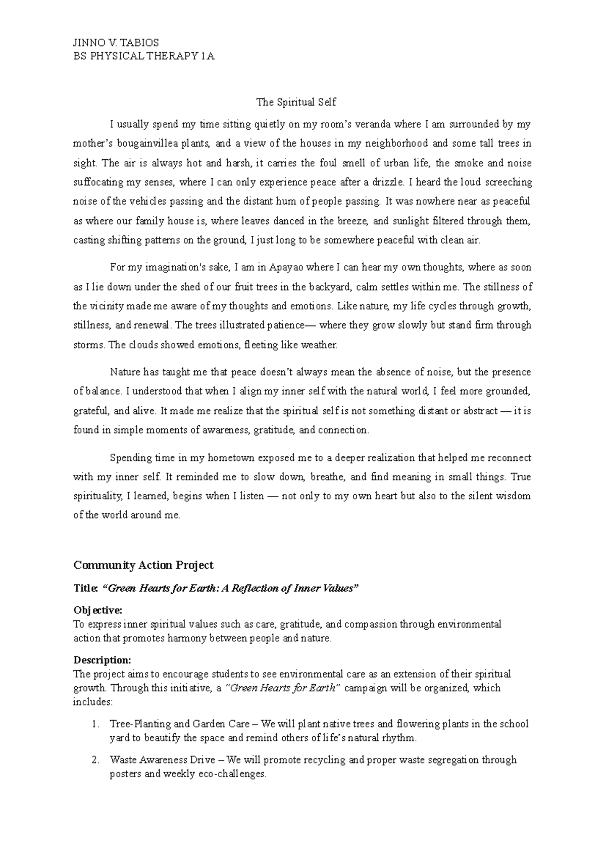 UTS. Act5 - Spiritual Self Activity: Hearts for Earth Project - Studocu