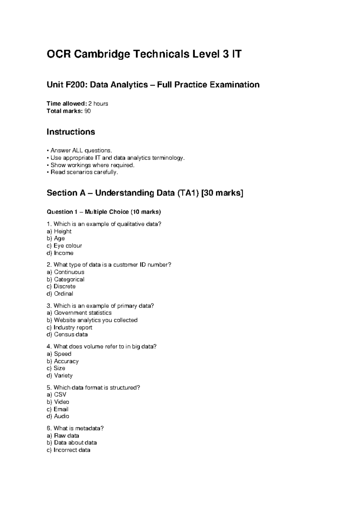 OCR F200 Data Analytics Full Practice Exam Questions - Studocu