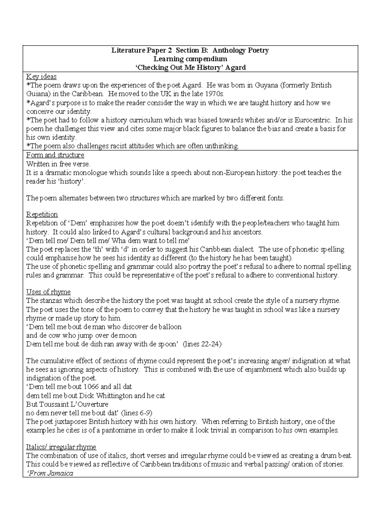 PC-4 - Notes on "Checking Out Me History" by Agard - Studocu