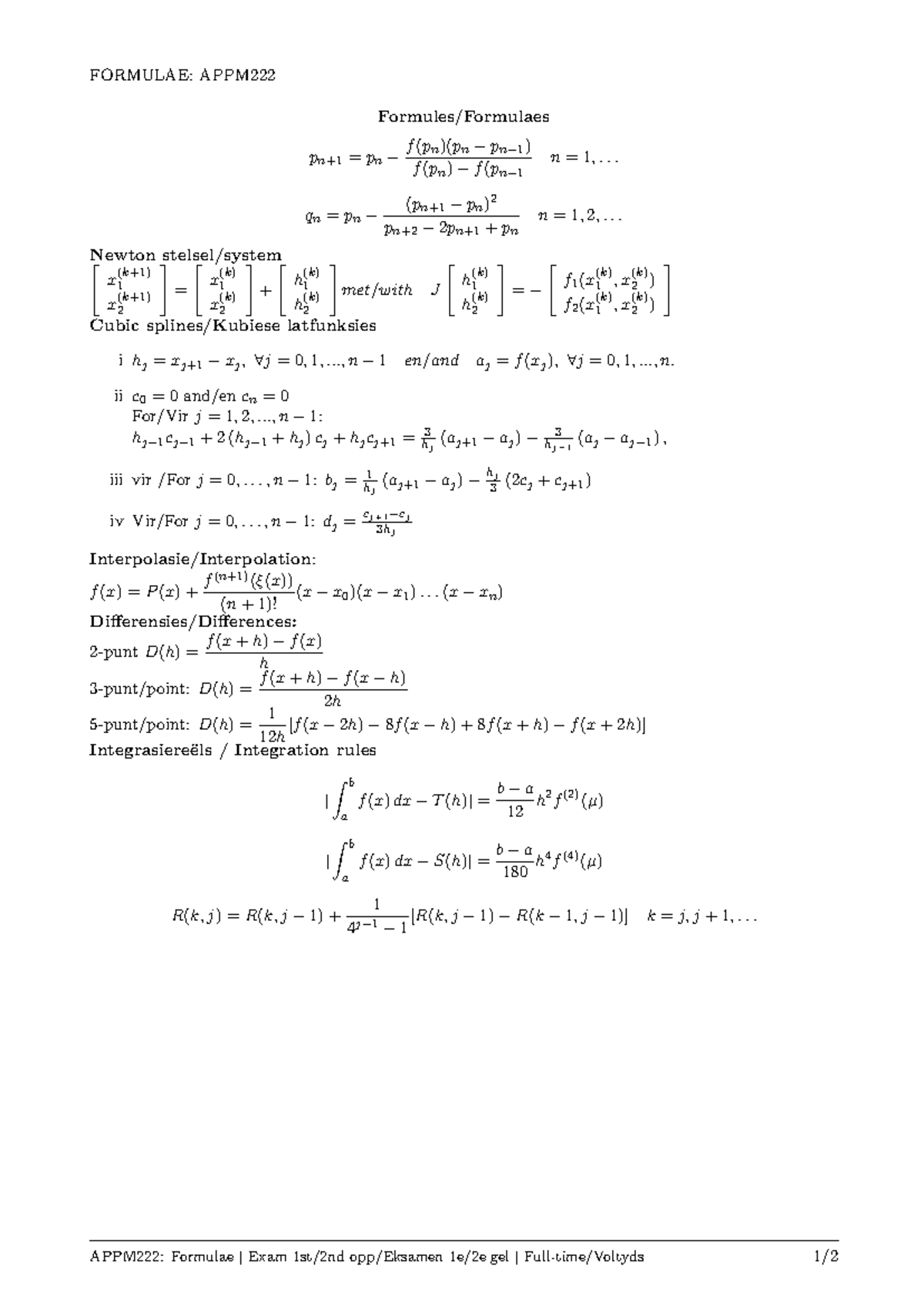 APPM222: Formula Sheet for Exam 1st/2nd Opportunity - Studocu