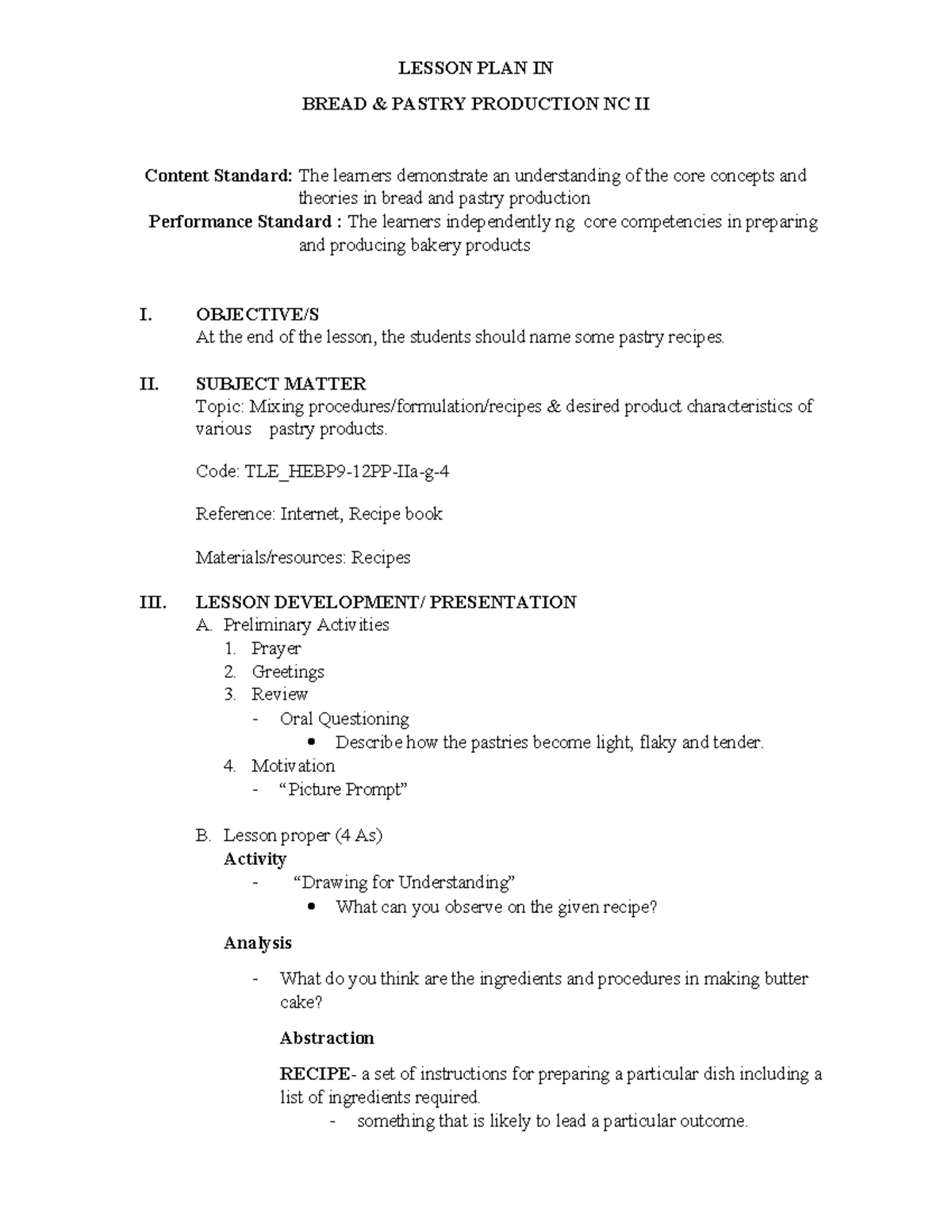 Lesson Plan: Bread & Pastry Production NC II (Week 3) - Studocu