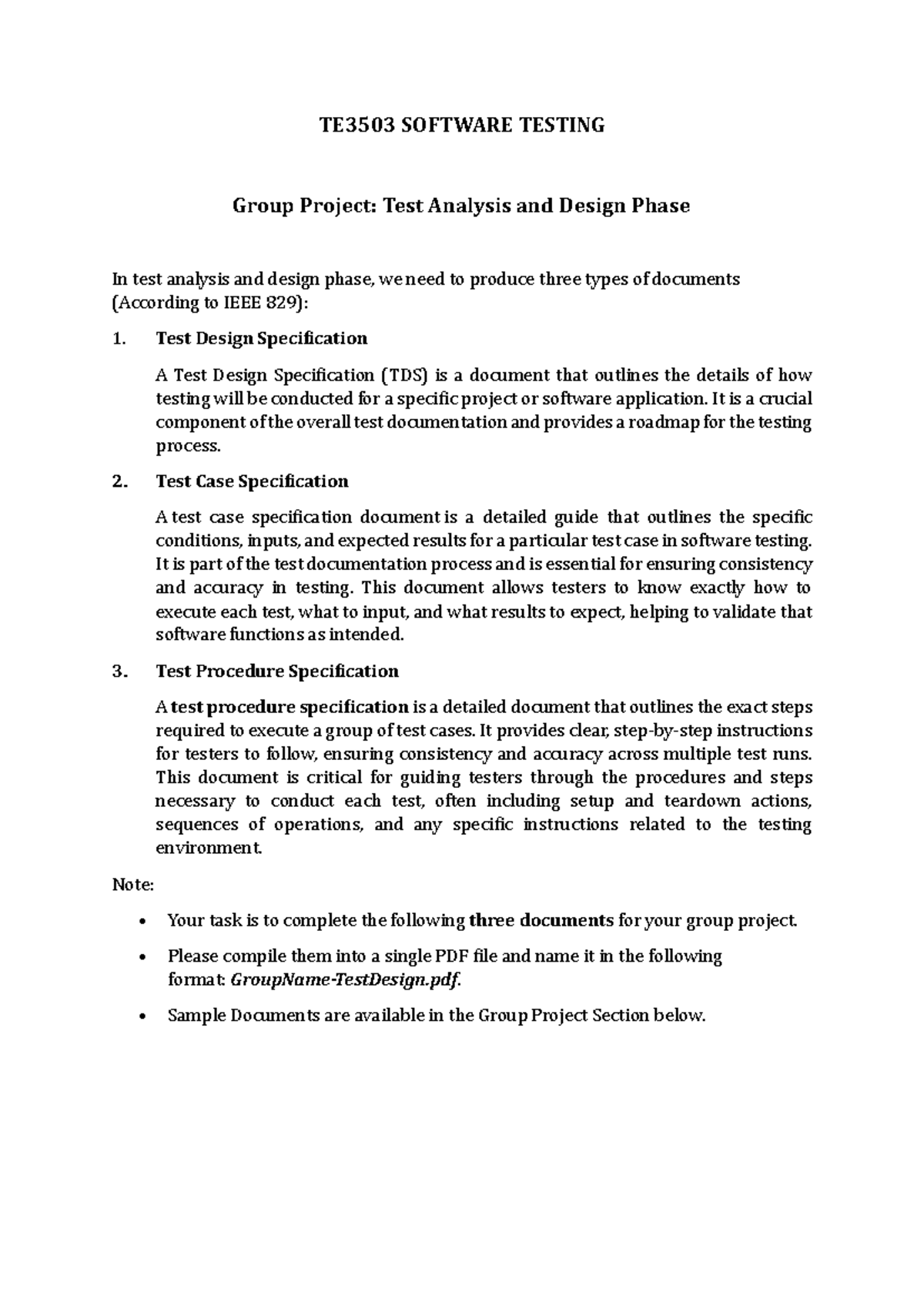TE3503 Group Project: Test Analysis & Design Phase Documents - Studocu