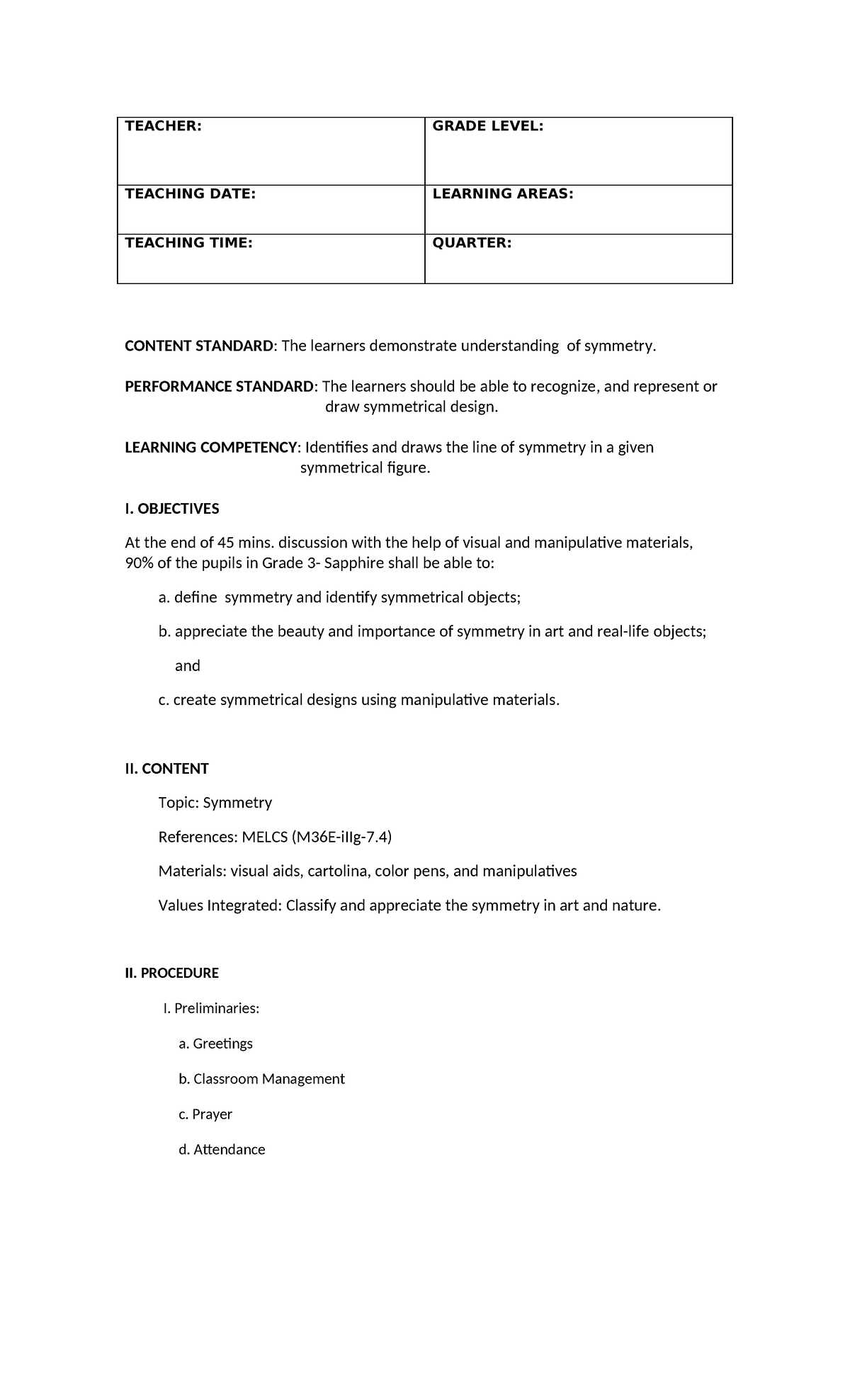 Symmetry Lesson Plan for Grade Sapphire: Engaging Activities and ...