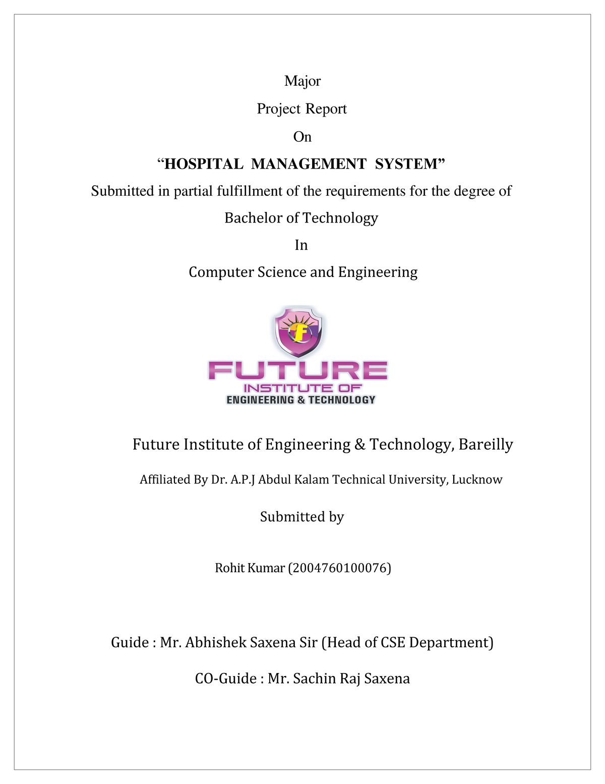 Hospital Management System Project Report for B.Tech in CSE - Studocu