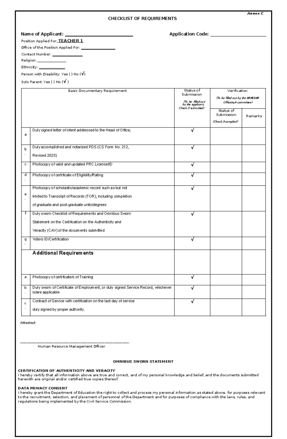 Annex C: Teacher 1 Application Requirements Checklist & Sworn Statement ...
