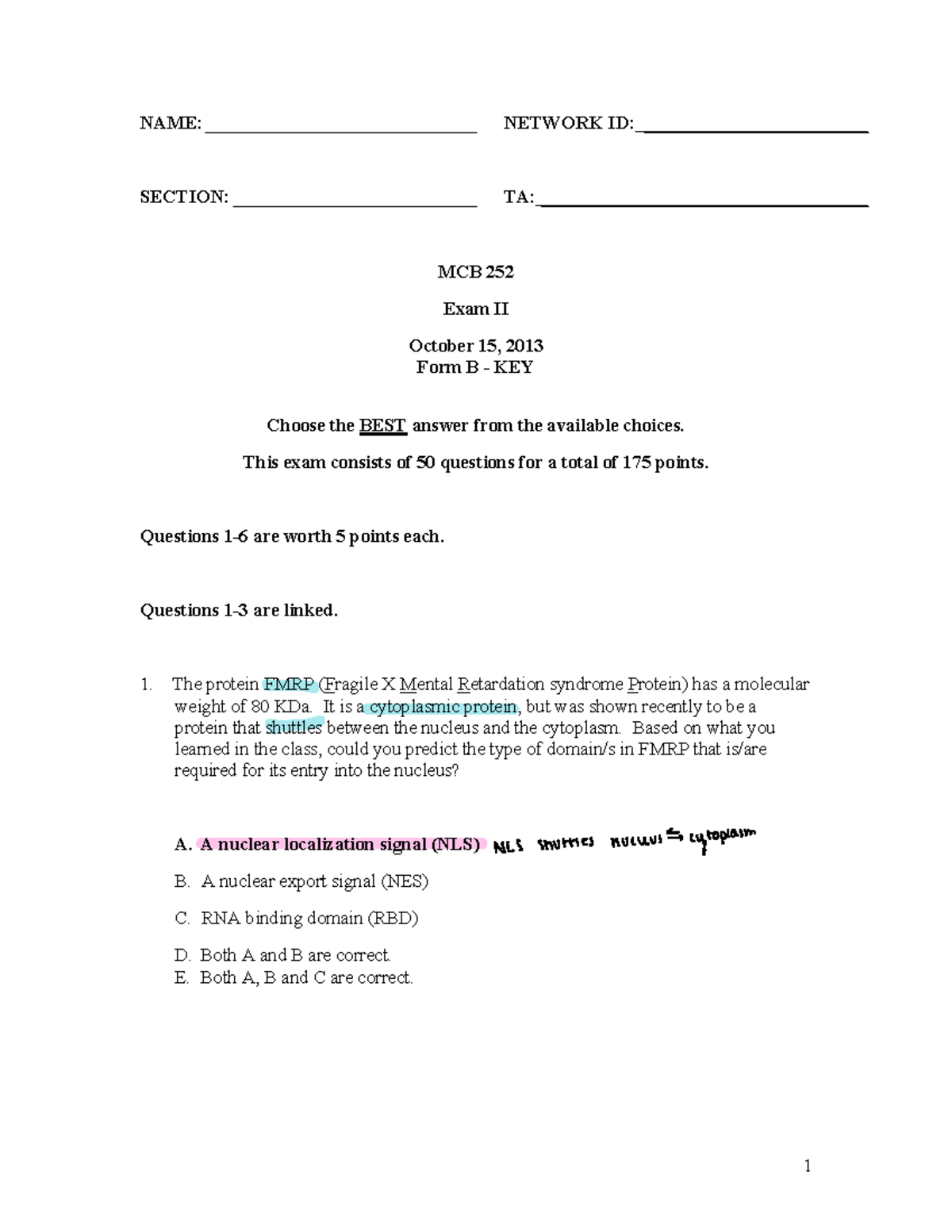 Practice Exam II - Fall 2013 (MCB 252) Form B Key - Studocu