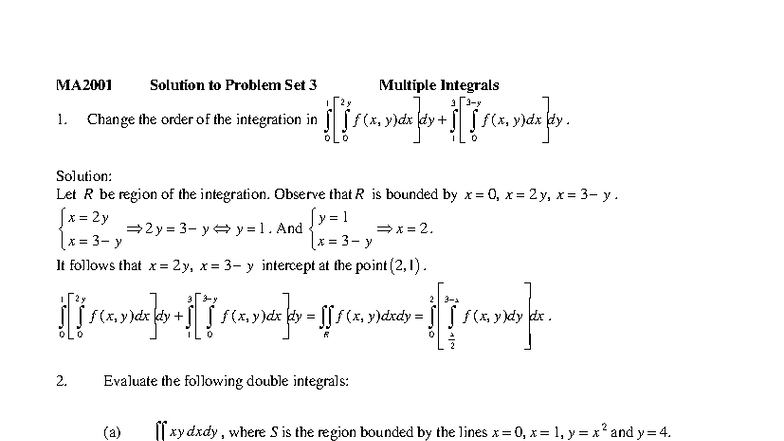 MA2001 Problem Set 3 Solutions: Multiple Integrals Explained - Studocu