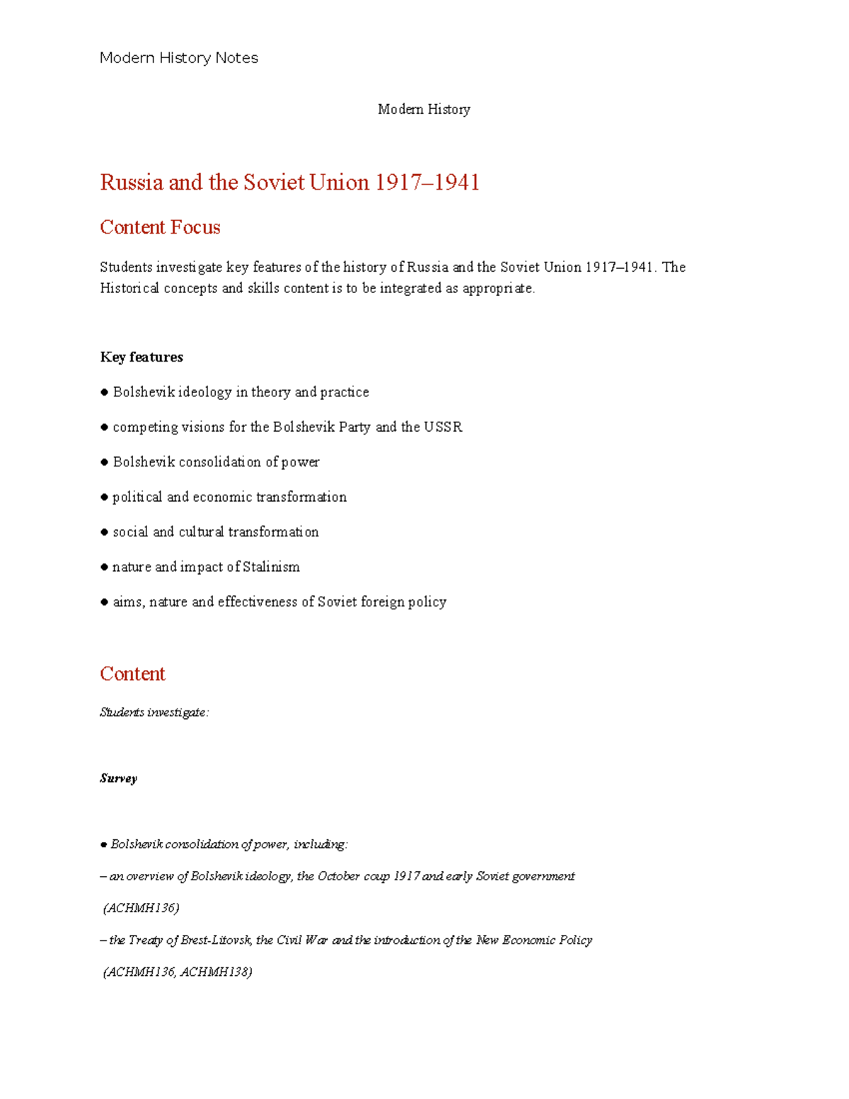 Modern History 2024 notes - Modern History Russia and the Soviet Union ...