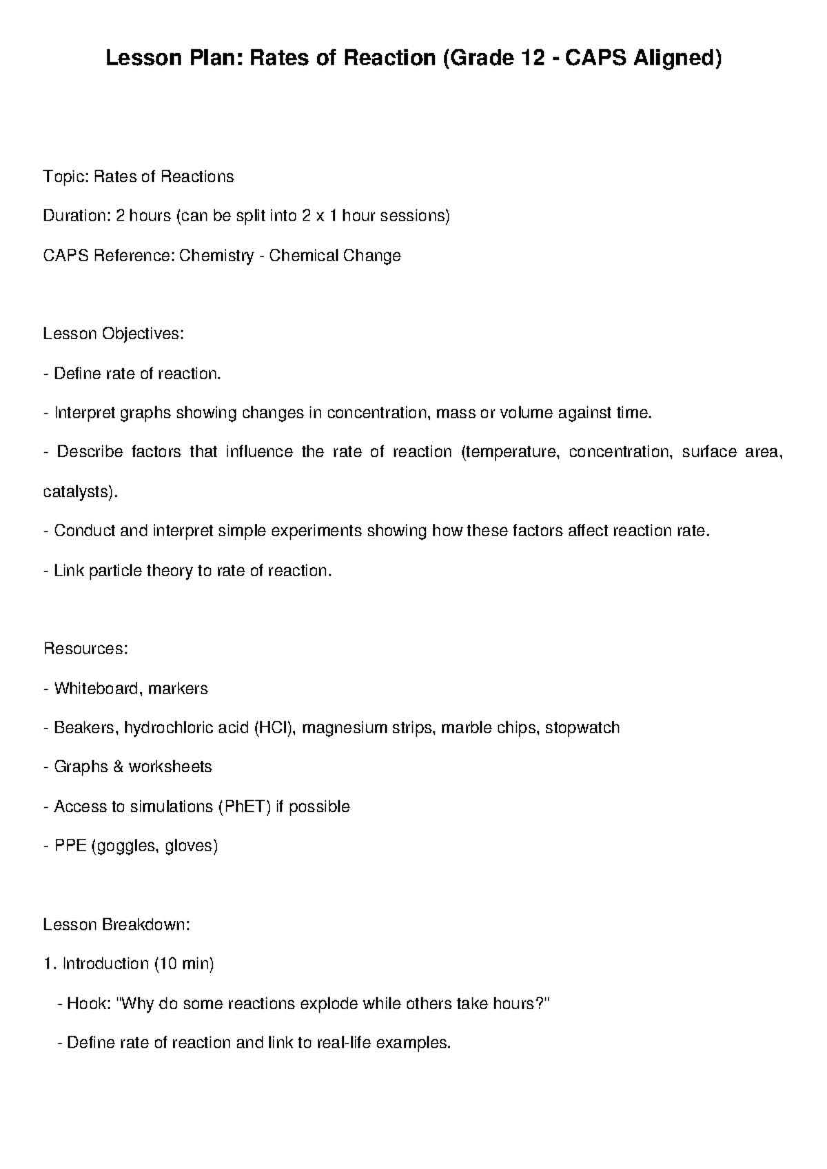 Grade 12 Lesson Plan: Rates of Reaction in Chemistry - Studocu