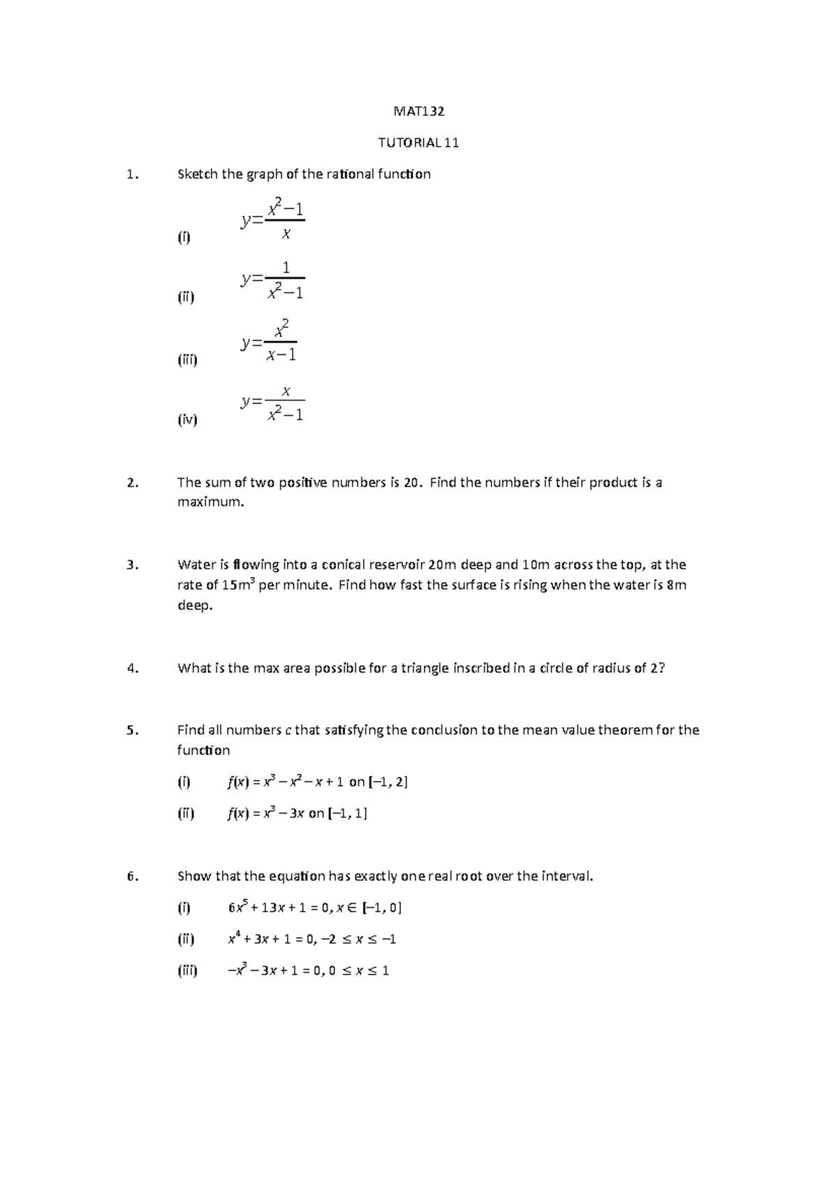 Tutorial 11 - Practice questions for chapter 11 - MAT TUTORIAL 11 ...