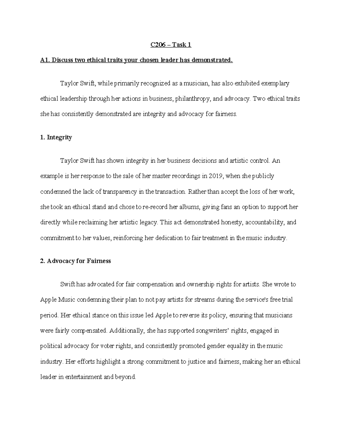 C206 Task 1 - Ethical Leadership Traits of Taylor Swift: Integrity & Fairness - Studocu