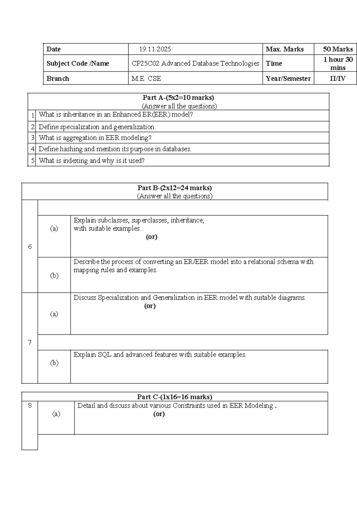 IA1 CP25C02 Advanced Database Technologies Question Paper - Studocu