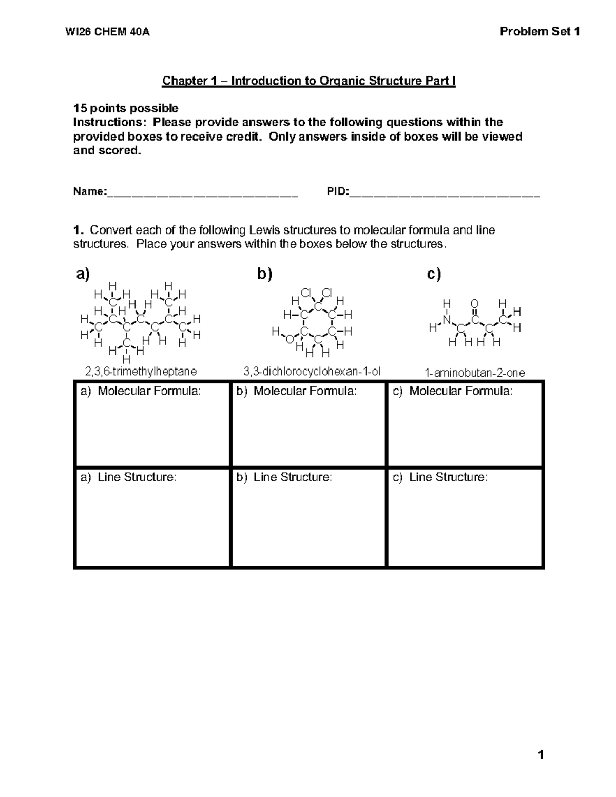 Problem Set 1 WI26 CHEM 40A: Intro to Organic Structure & Biomolecules ...
