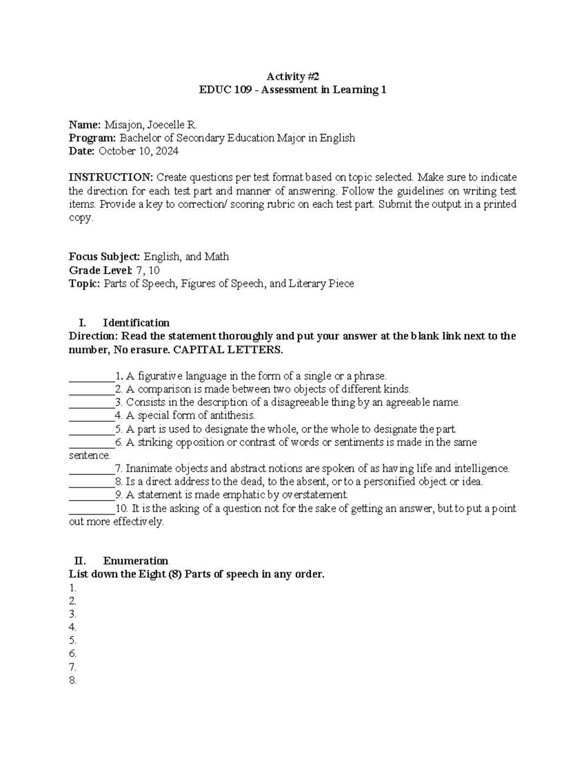 EDUC 109 - Constructed Response Activity: English & Math Assessments - Studocu