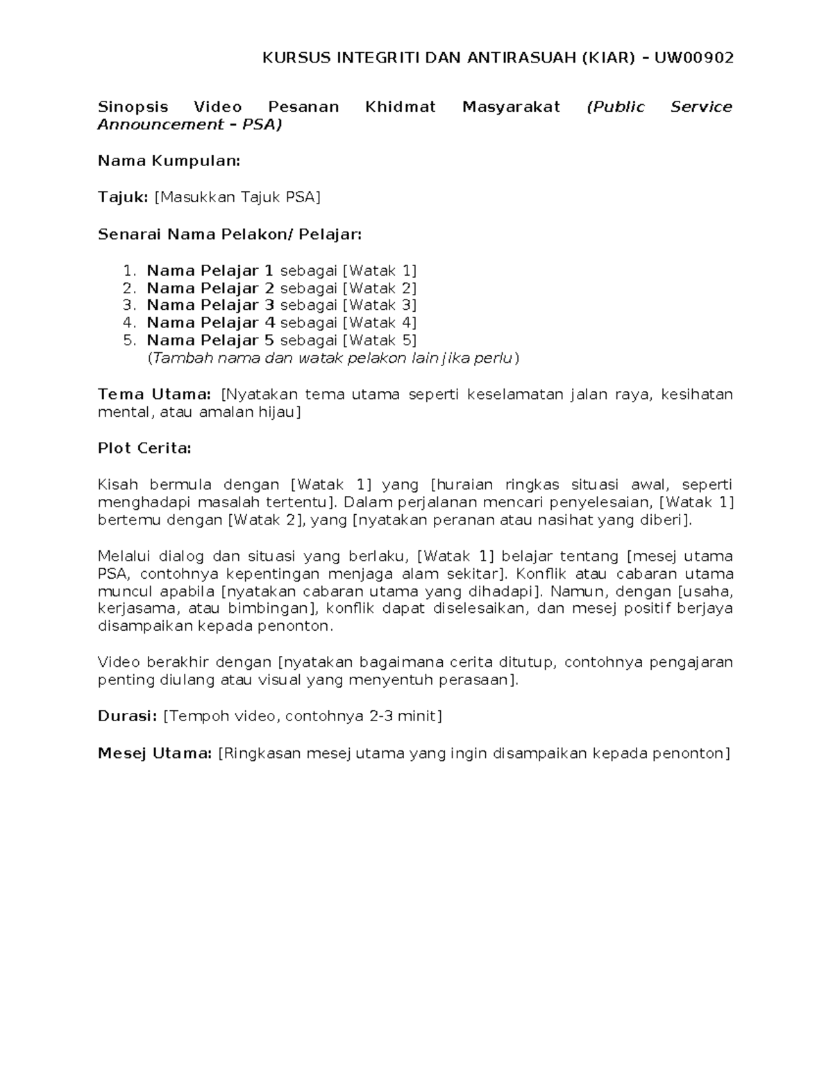 Sinopsis Video PSA KURSUS INTEGRITI DAN ANTIRASUAH (KIAR) - Studocu