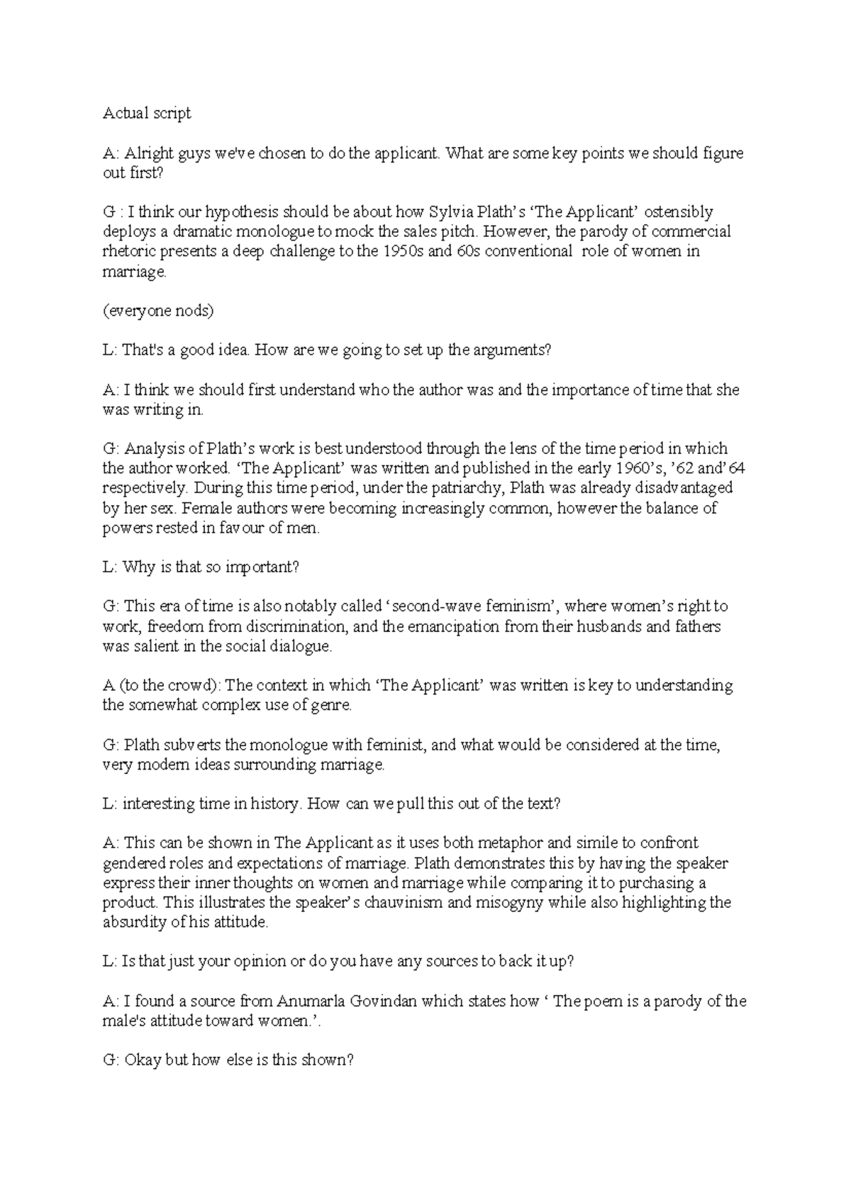 Analysis of Sylvia Plath’s 'The Applicant' - Literary Discussion Notes ...