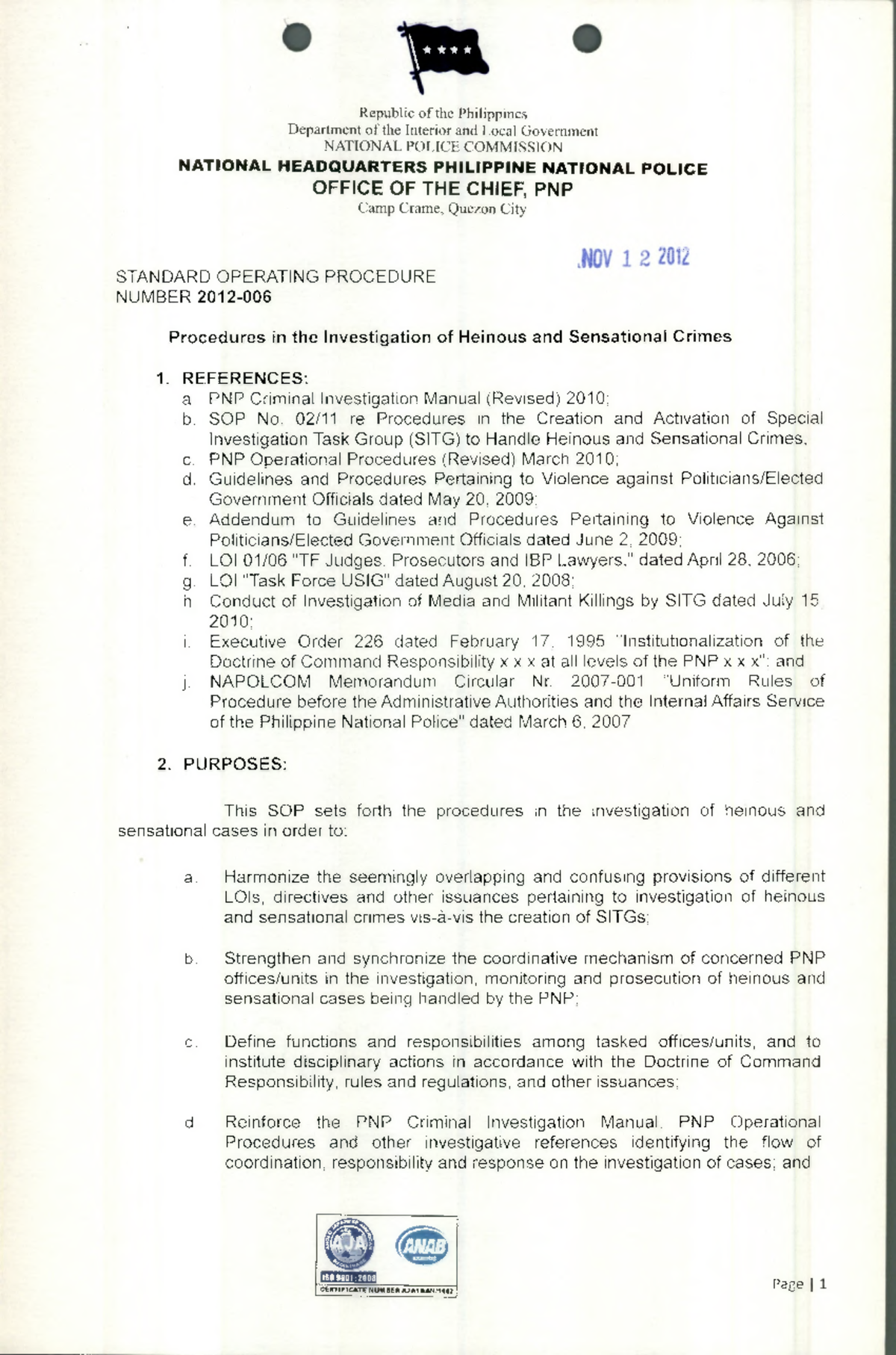 SOP 2012: Investigation Procedures for Heinous & Sensational Crimes ...