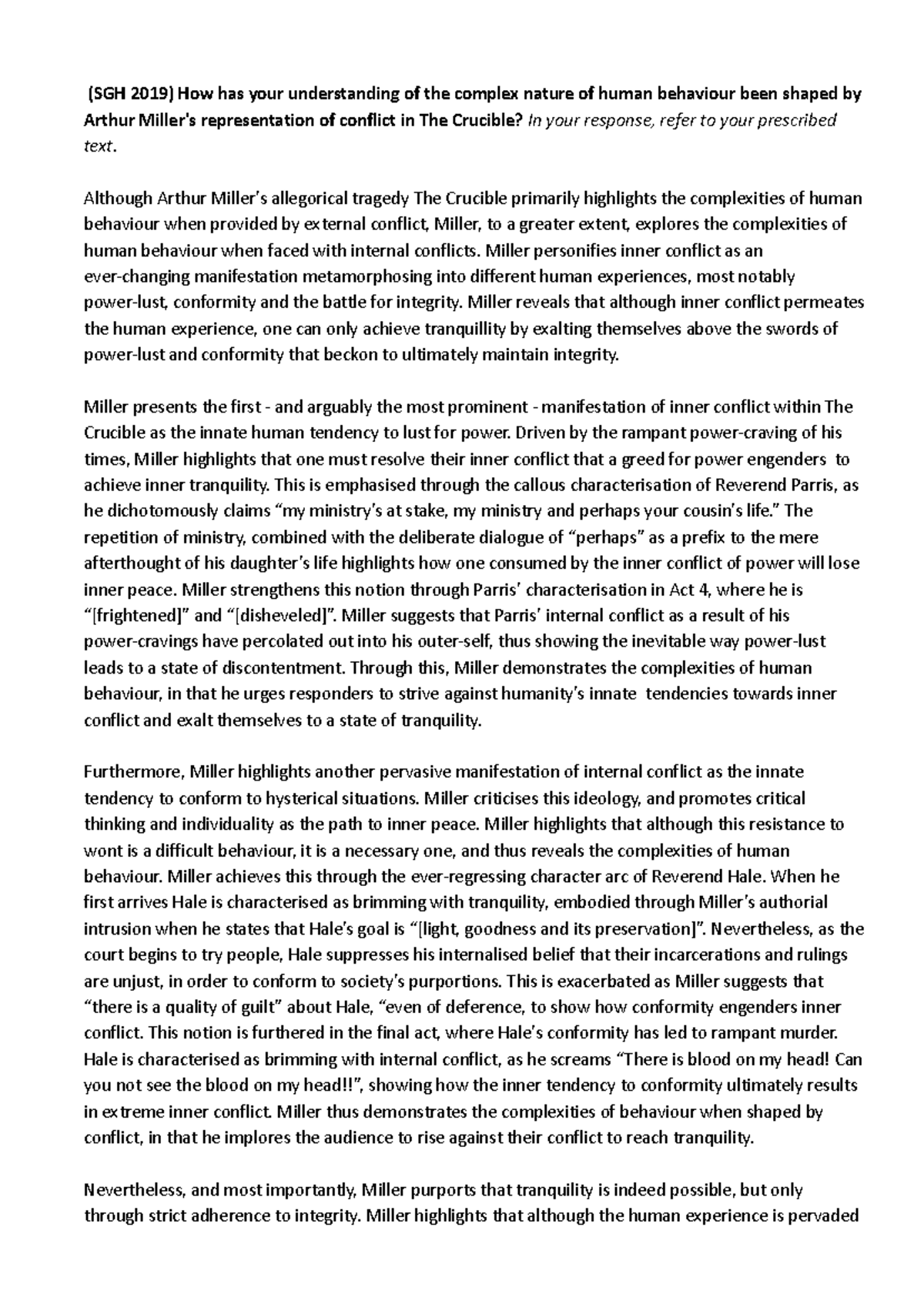 SGH 2019: Analyzing Inner Conflict in Miller's The Crucible Essay #1 ...