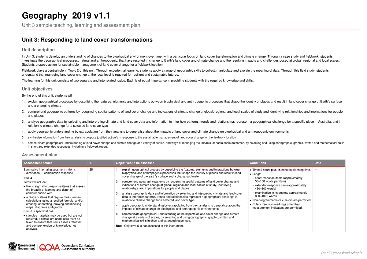 Geography 2019 v1.1 Unit 3: Teaching, Learning & Assessment Plan - Studocu