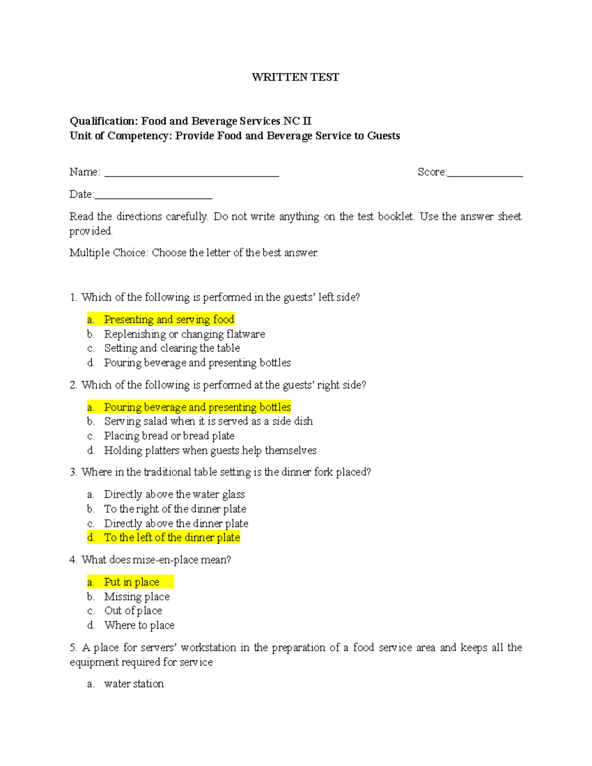 Written Test: Food and Beverage Services NC II - Qualification Exam ...