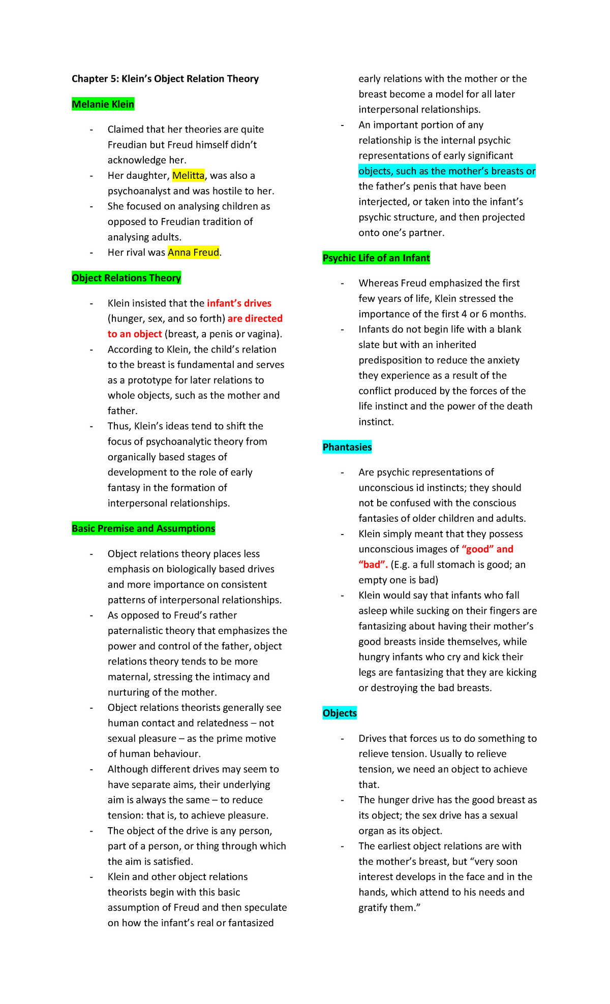 Chapter 5 - Klein's Object Relations Theory Overview - Studocu