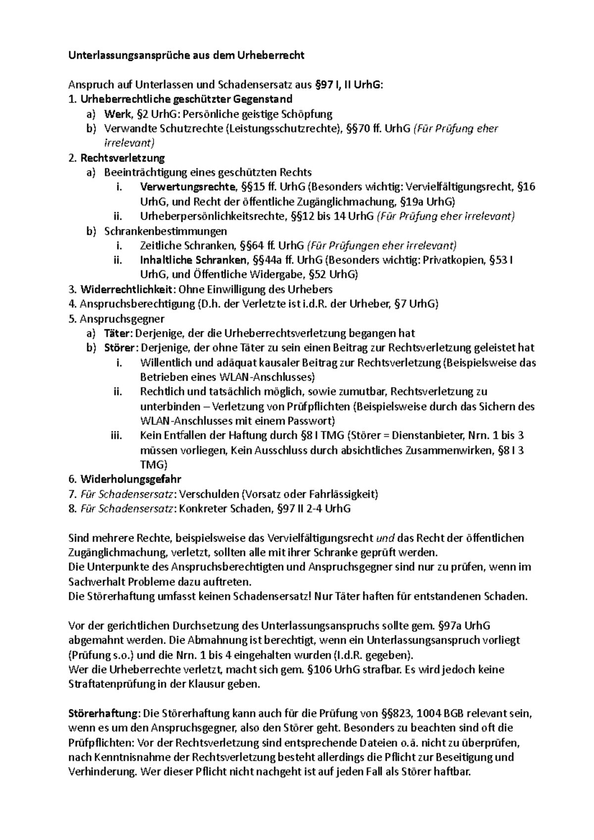 Unterlassungsanspruch im Urheberrecht: Prüfungsschemata UrhG - Studocu