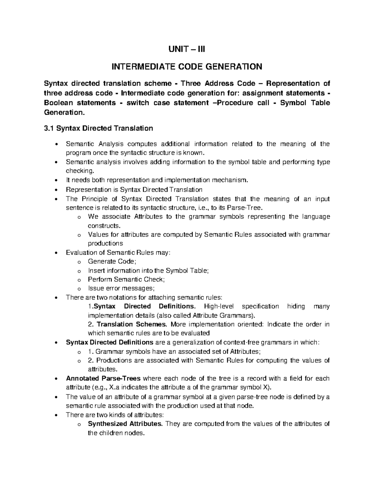 Intermediate CODE Gen Notes for Compiler Design (CS101) - Studocu
